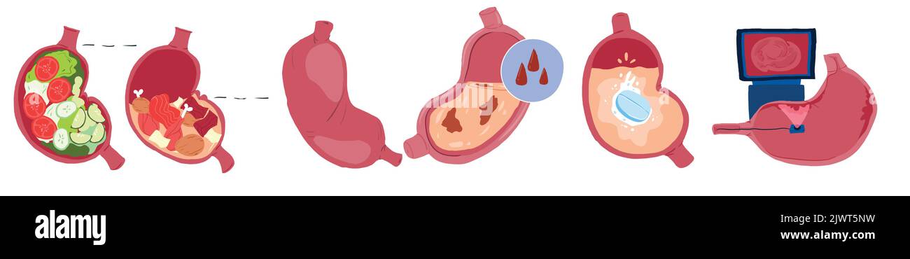 Sad sick cry and healthy strong happy smiling cute stomach character ...
