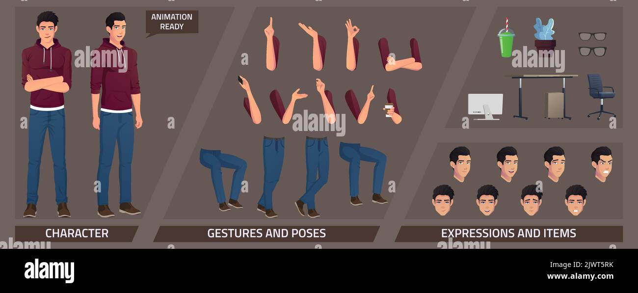 Stylized Characters Set for Animation with Caucasian Man Wearing Hoodie ...