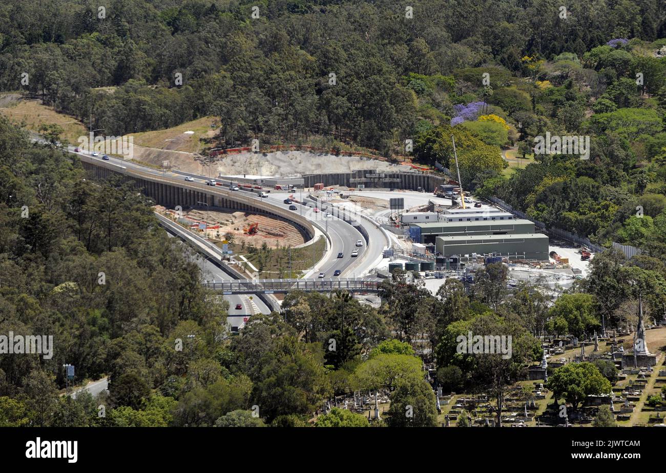 An aerial view of the Legacy Way tunnel construction site in Brisbane ...