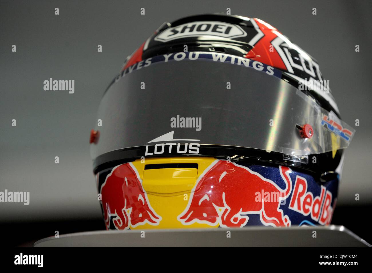 The helmet of MotoGP rider Marc Marquez of Spain, on display during the ...