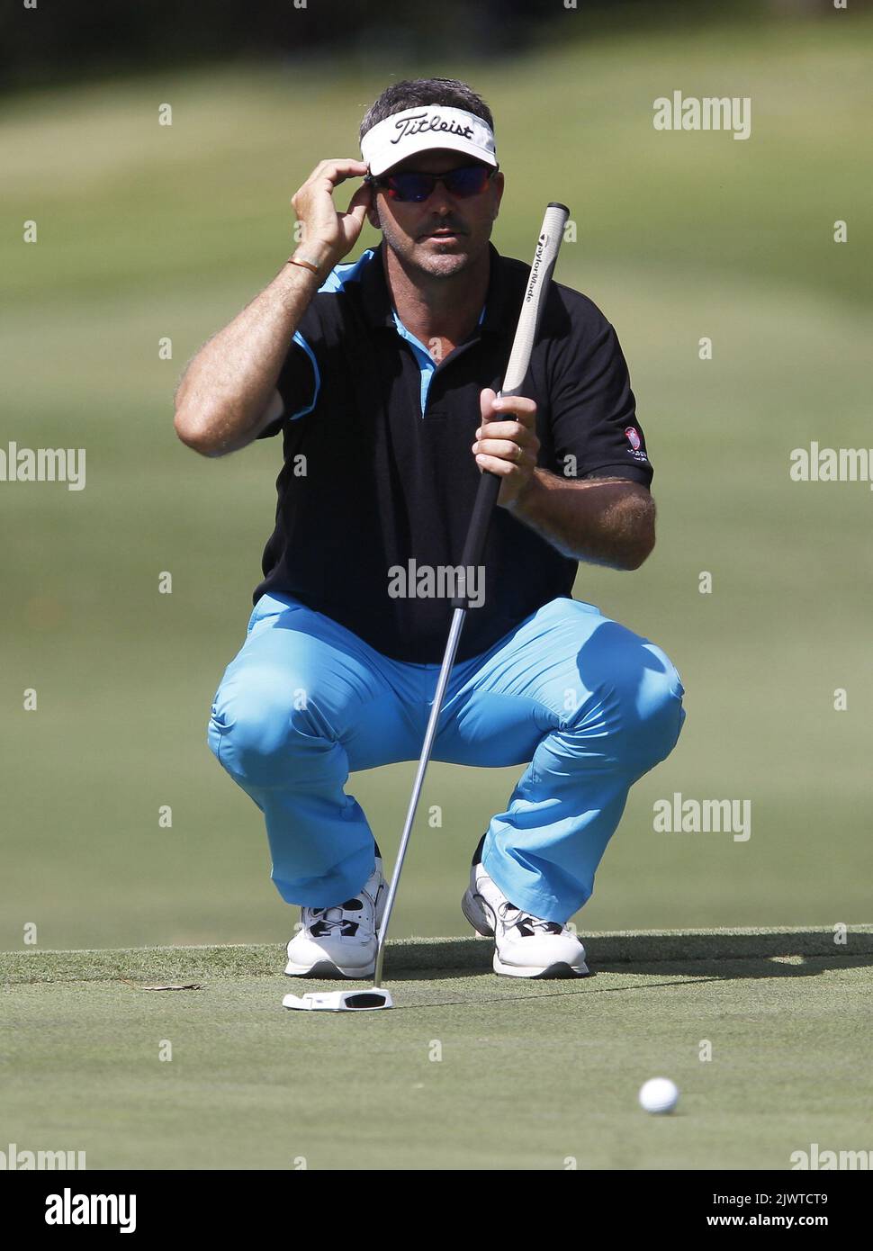 Australia's Andre Stolz lines up a putt during Round 2 at the Perth ...