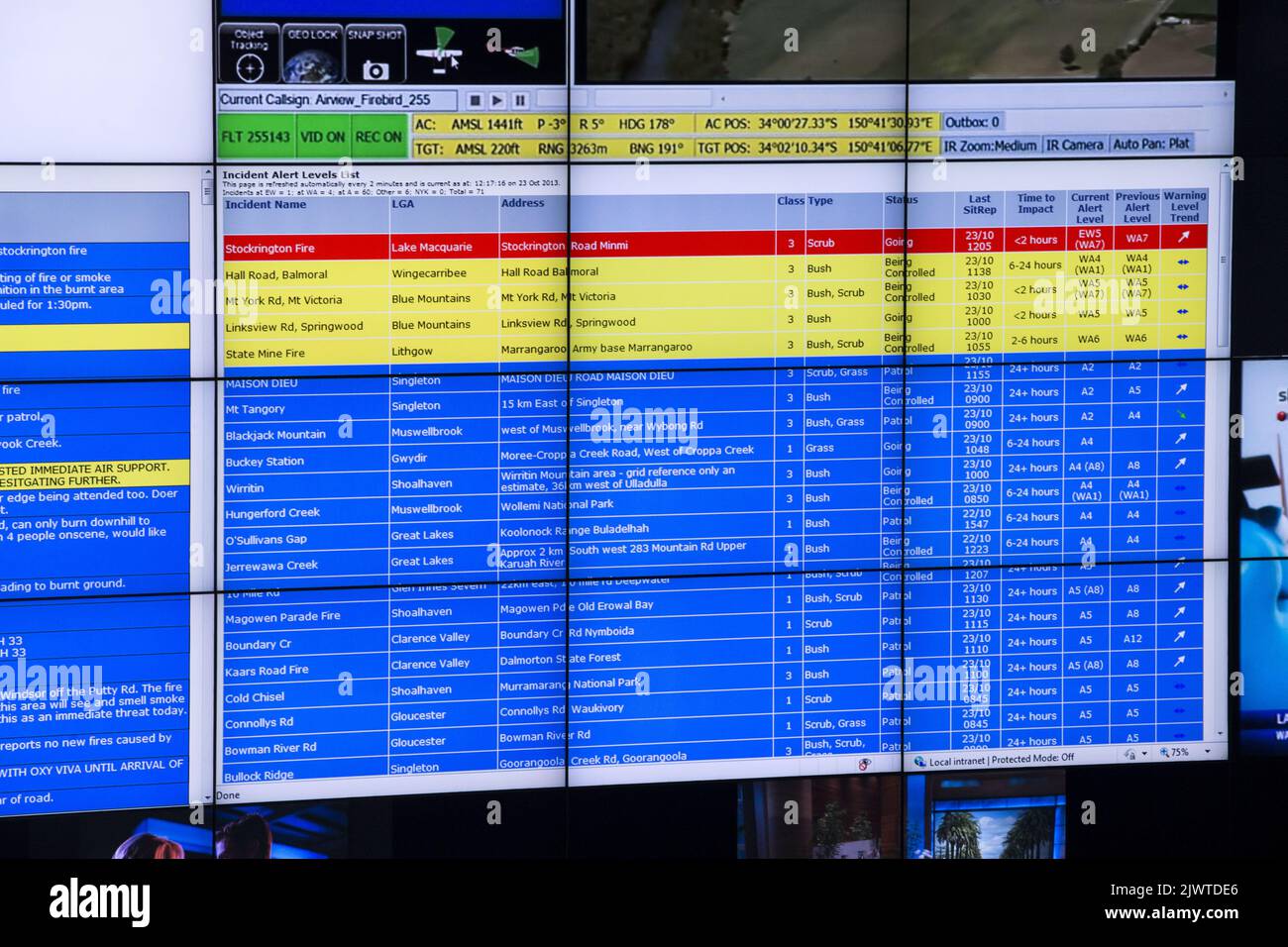 Screens at the command centre at the NSW RFS operations centre in ...