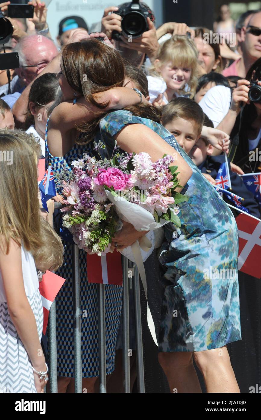 Princess Mary of Denmark receives a hug from a lady as she arrives at ...