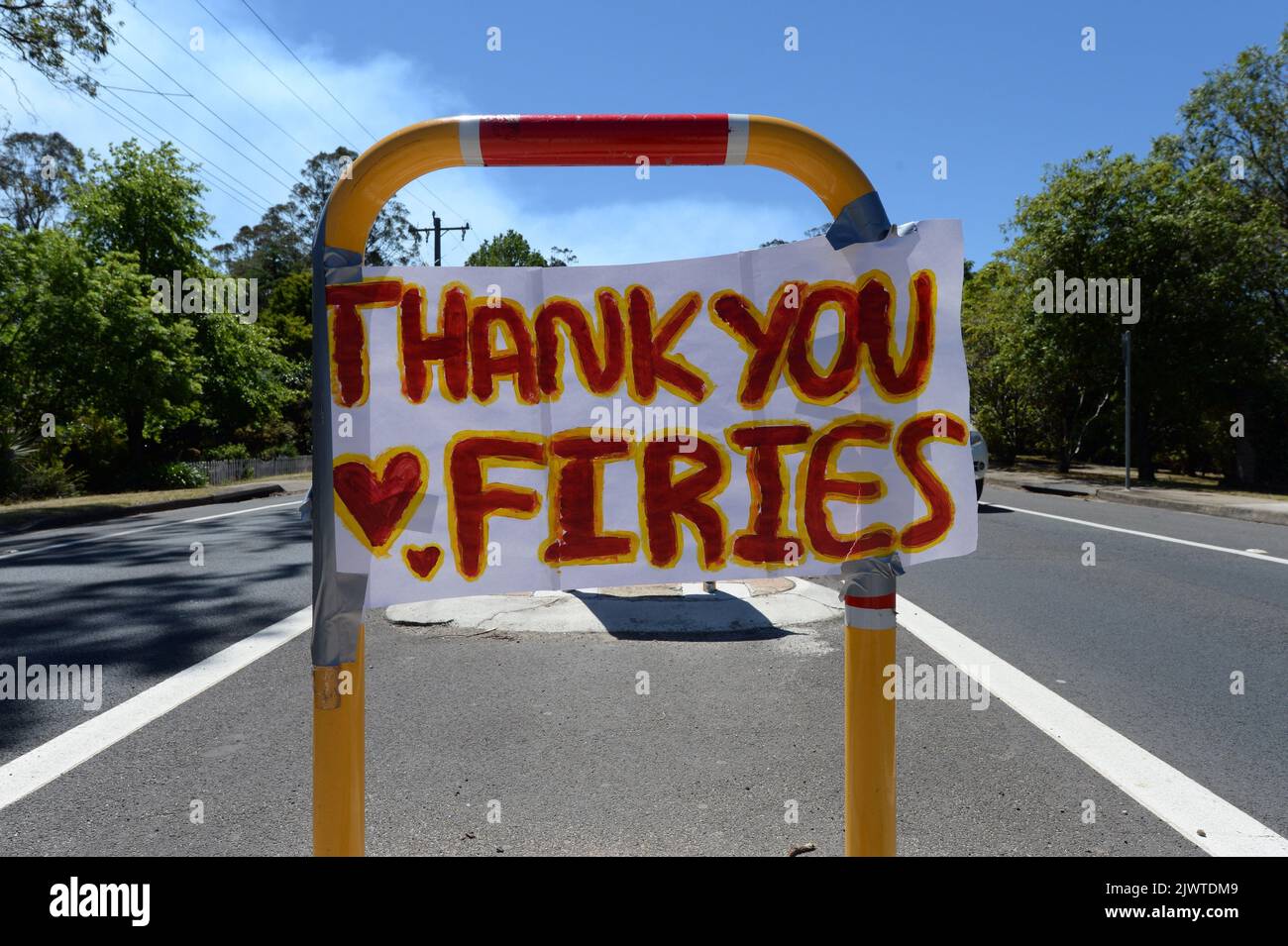 A 'Thank you' sign is seen in Springwood following the bushfires in the ...