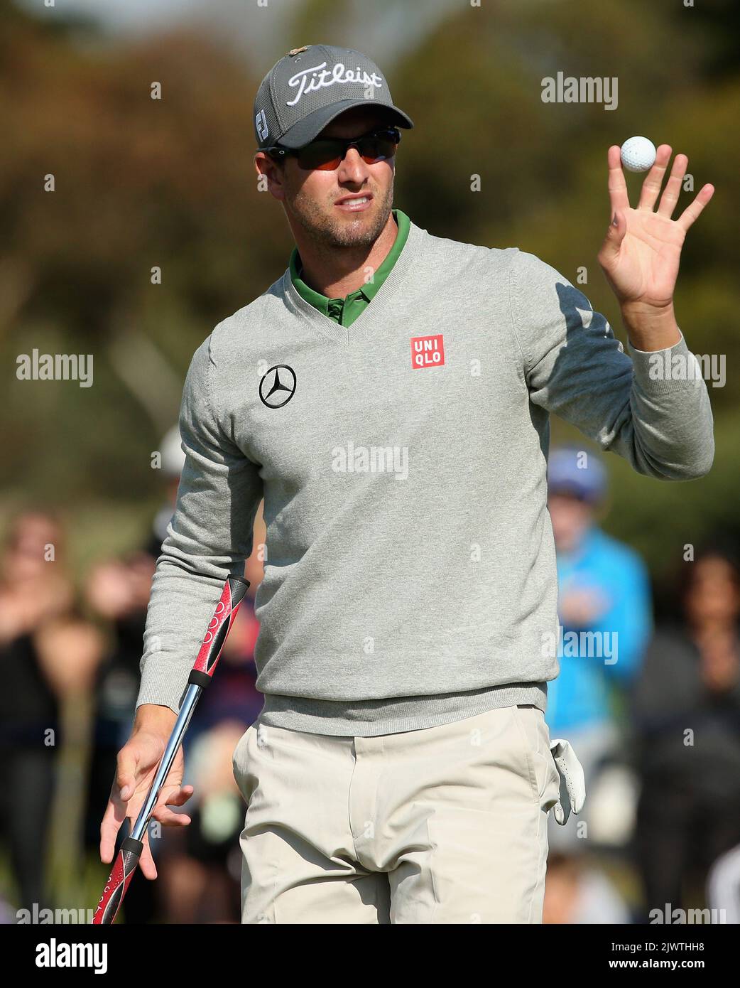 Adam Scott of QLD acknowledges the crowd as he finishes his third round ...