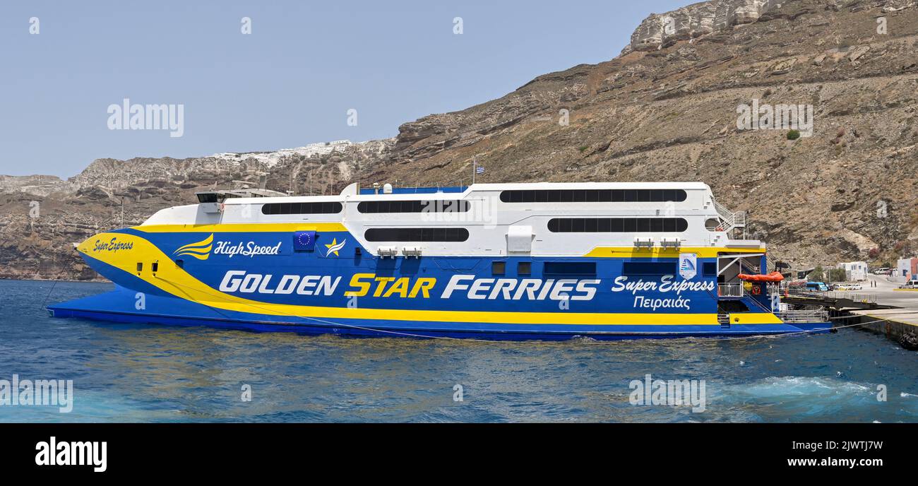 Santorini, Greece - June 2022: Panoramic view of a high speed ferry ...