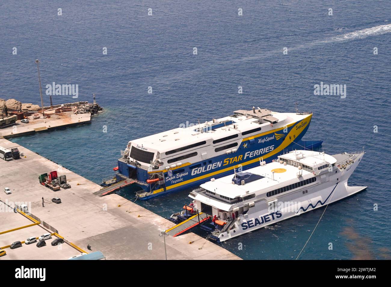 Santorini, Greece - June 2022: Aerial view of high speed ferries moored ...