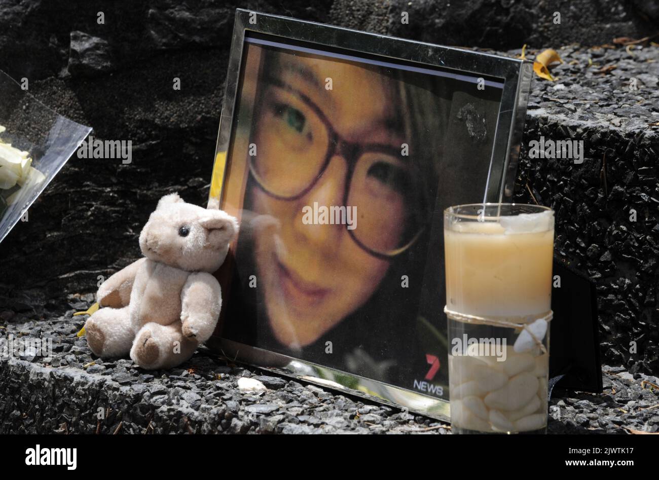 A framed photo of 22 year-old woman South Korean Eunji Ban is placed ...
