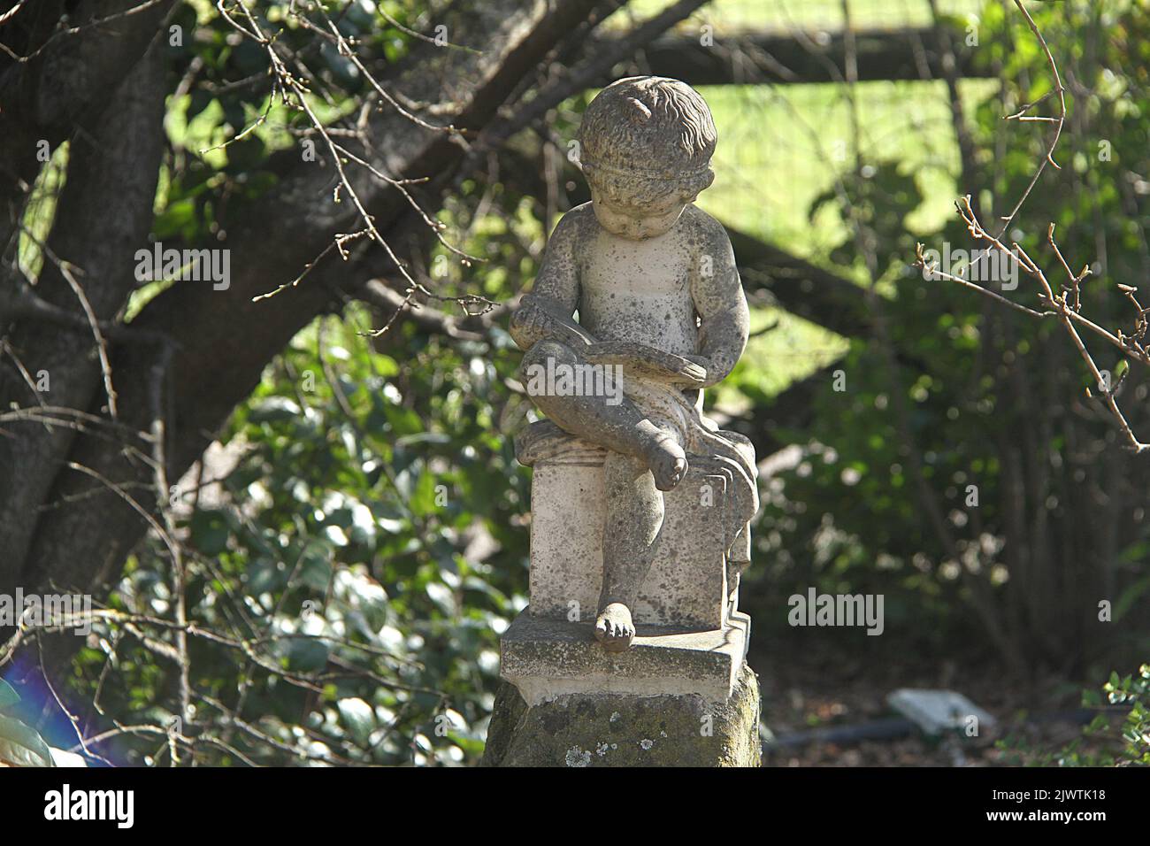 Yard decor. Small statue of child reading a book Stock Photo - Alamy