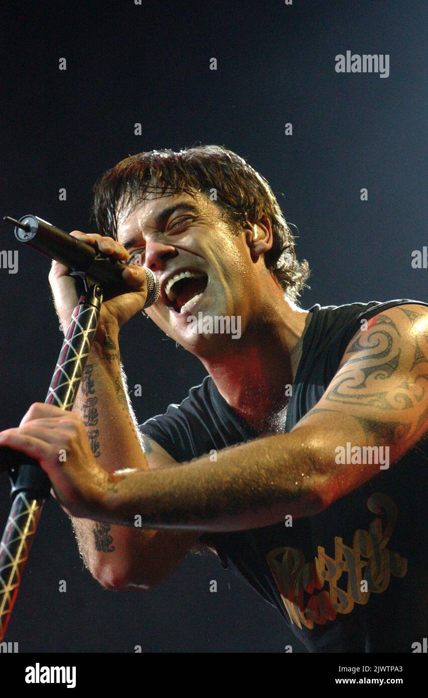 British pop star Robbie Williams performs at Telstra Dome in Melbourne ...