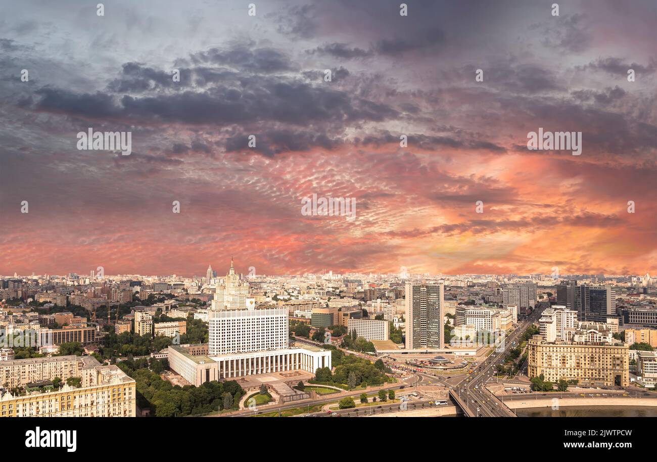 Aerial view of Moscow against the background of a romantic evening sky ...