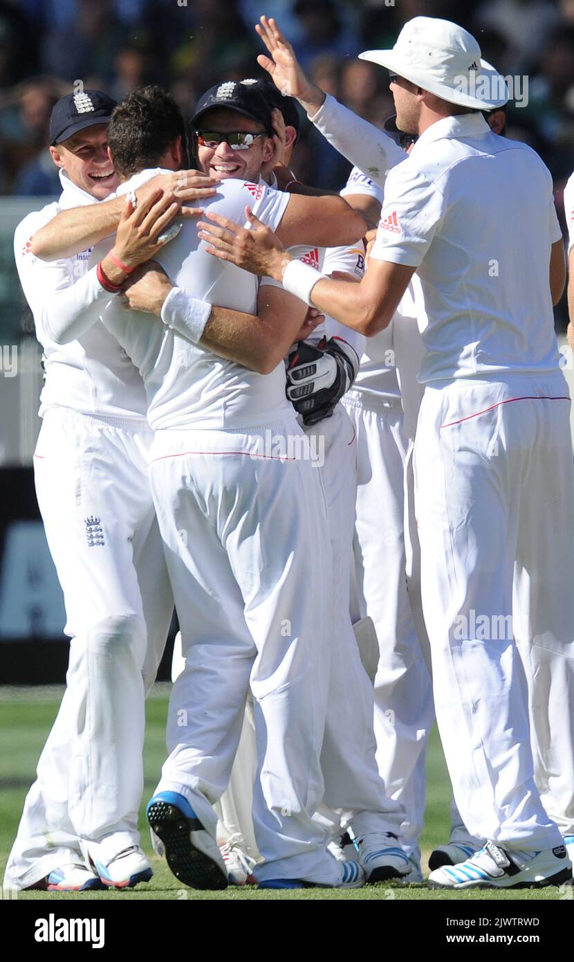 England players celebrate the dismissal of Mitchell Johnson. NO ...