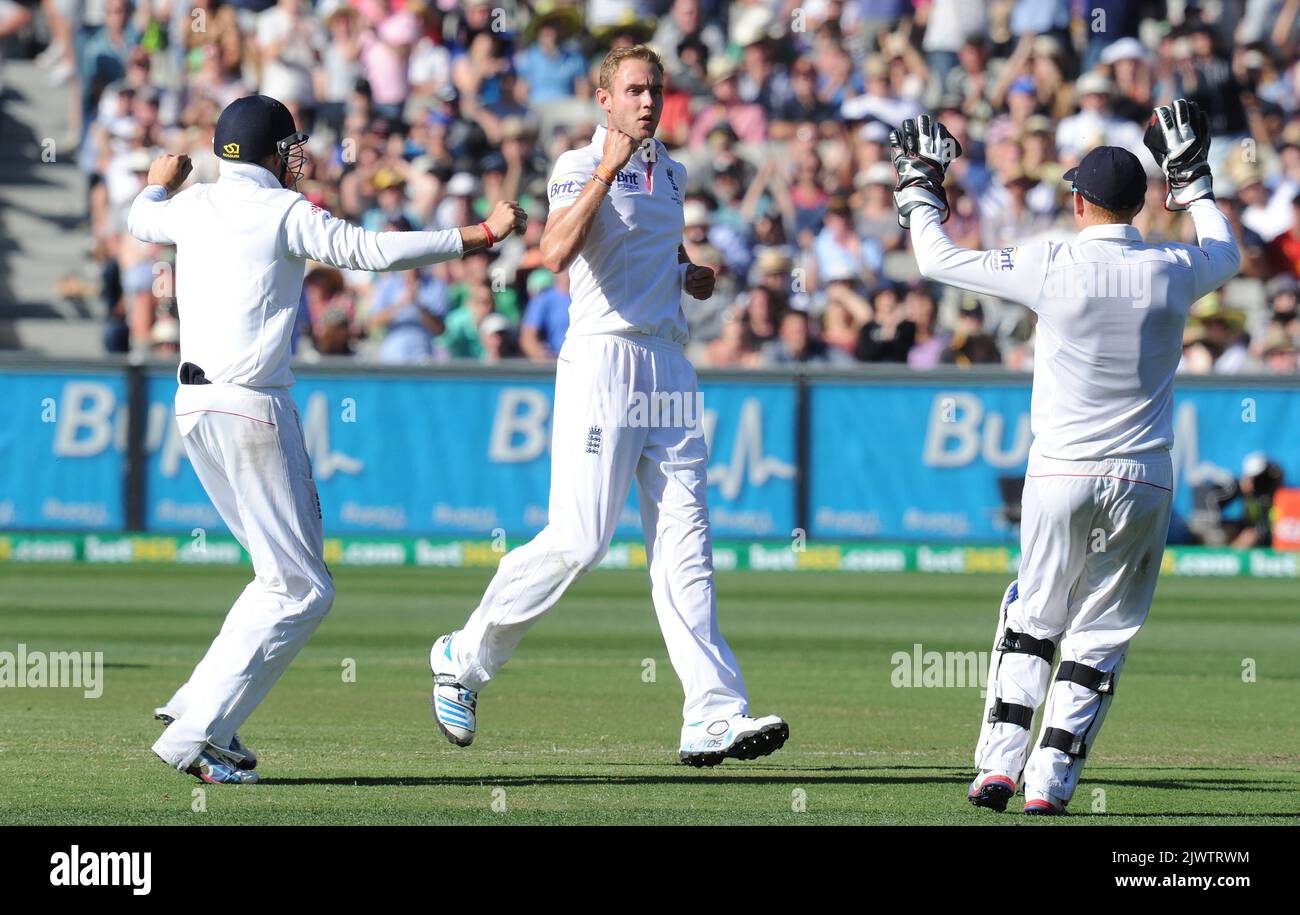 England's Stuart Broad celebrates taking the wicket of Australia's ...