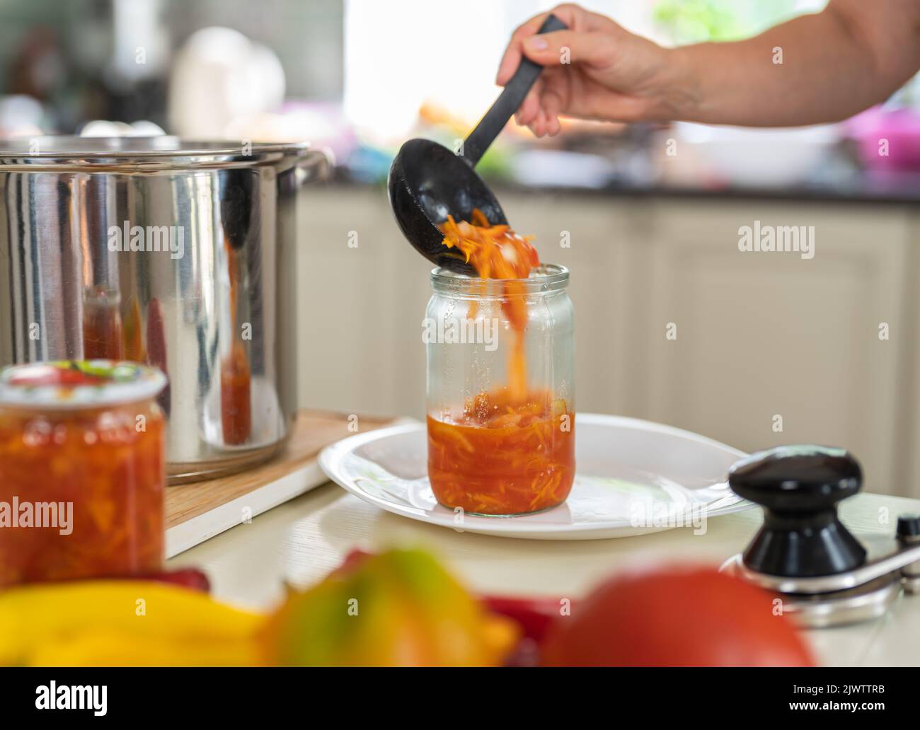 Home canning of vegetables. A woman in close-up preserves a vegetable ...