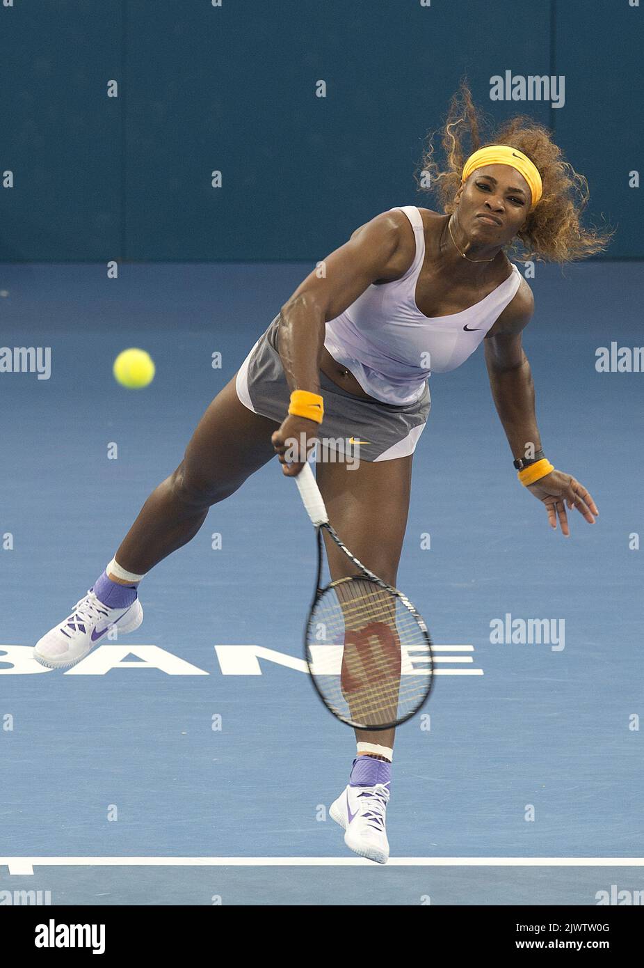 Serena Williams of the USA serves during her quarter final match against Dominika Cibulkova of ...
