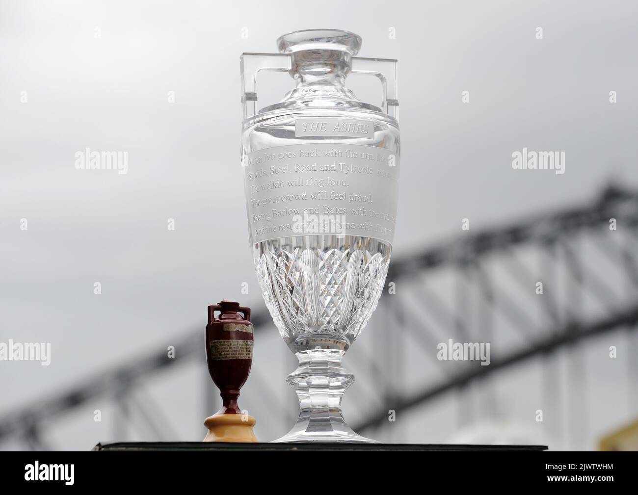 A replica Ashes urn and Ashes trophy sit on display at a public event ...