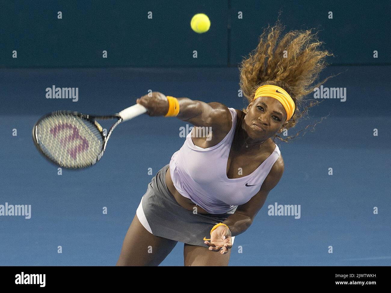 Serena Williams of USA serves during her final match against Victoria Azarenka of Belarus at the ...