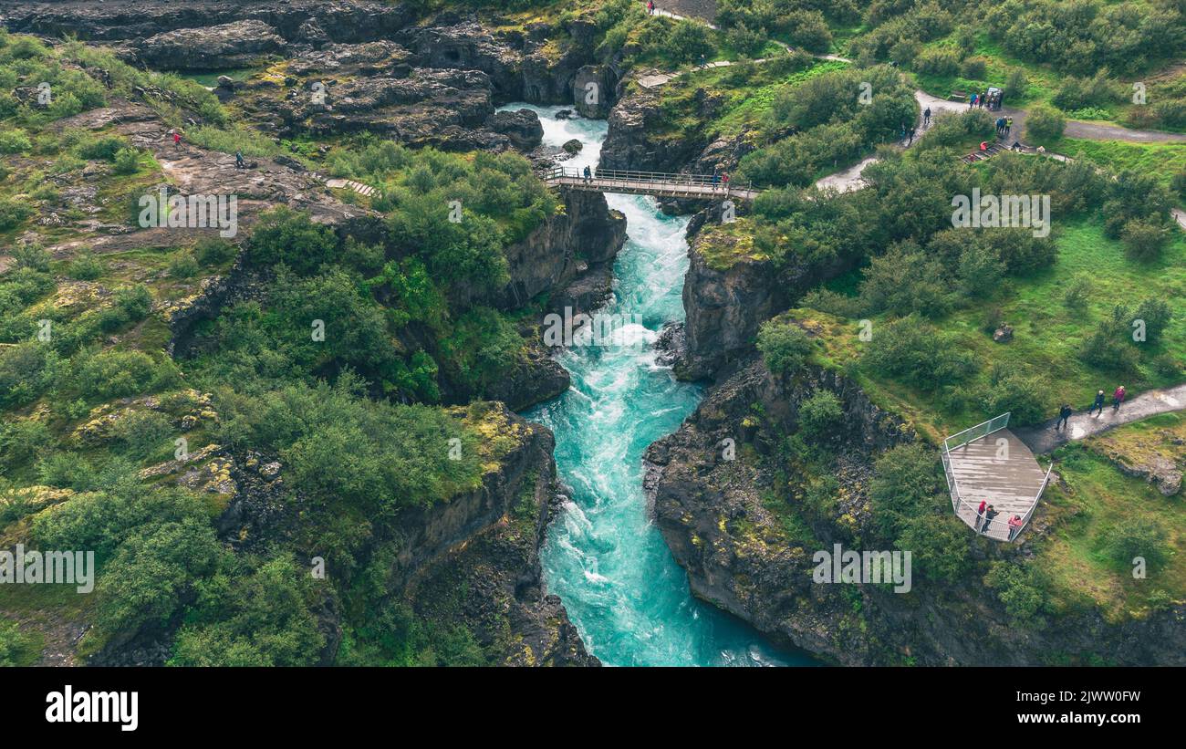 Icelandic amazing Hraunfossar Waterfalls and lazure blue water Stock ...