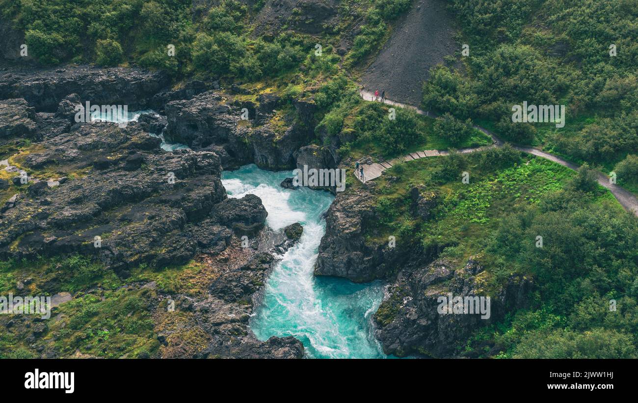 Icelandic amazing Hraunfossar Waterfalls and lazure blue water Stock ...