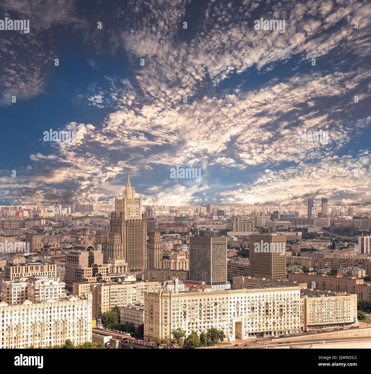 Aerial view of center of Moscow against the background of a romantic ...