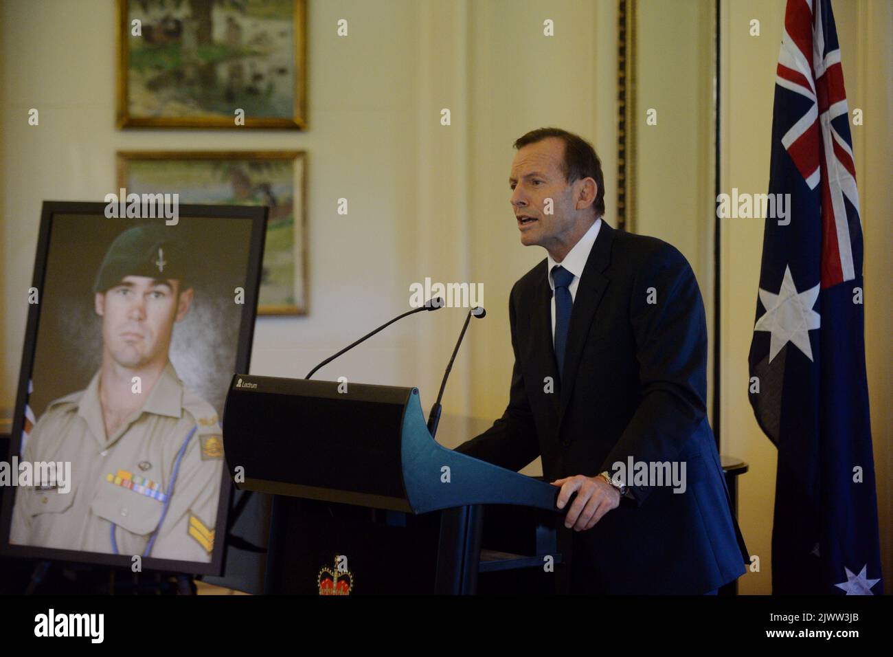 Prime Minister Tony Abbott speaks during the Victoria Cross ceremony at ...