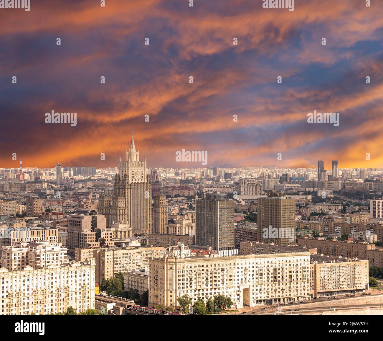Aerial view of center of Moscow against the background of a romantic ...