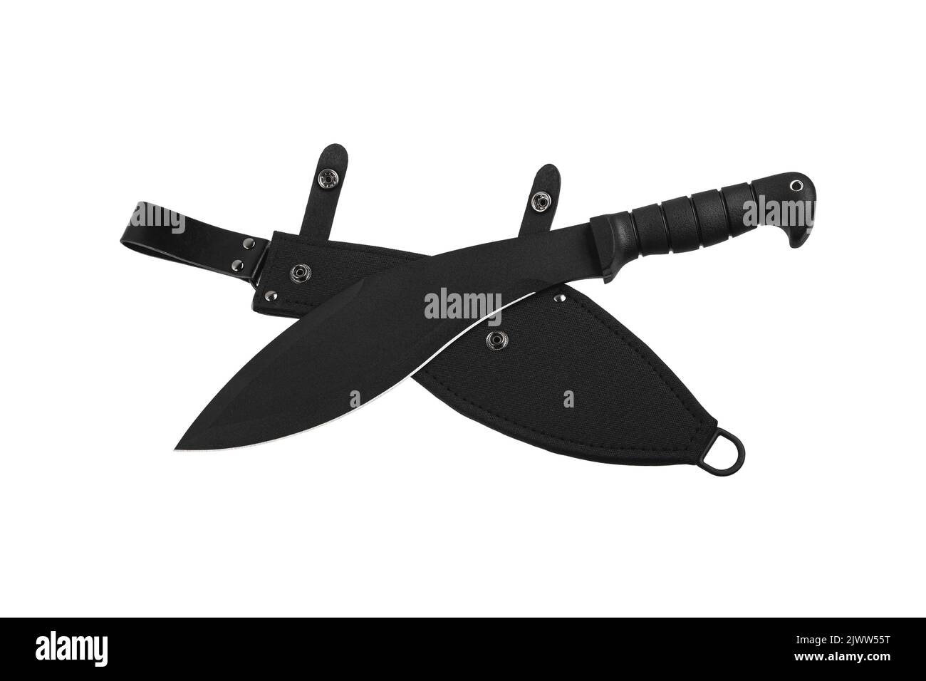 A large machete knife with a black curved blade. Modern edged weapons ...