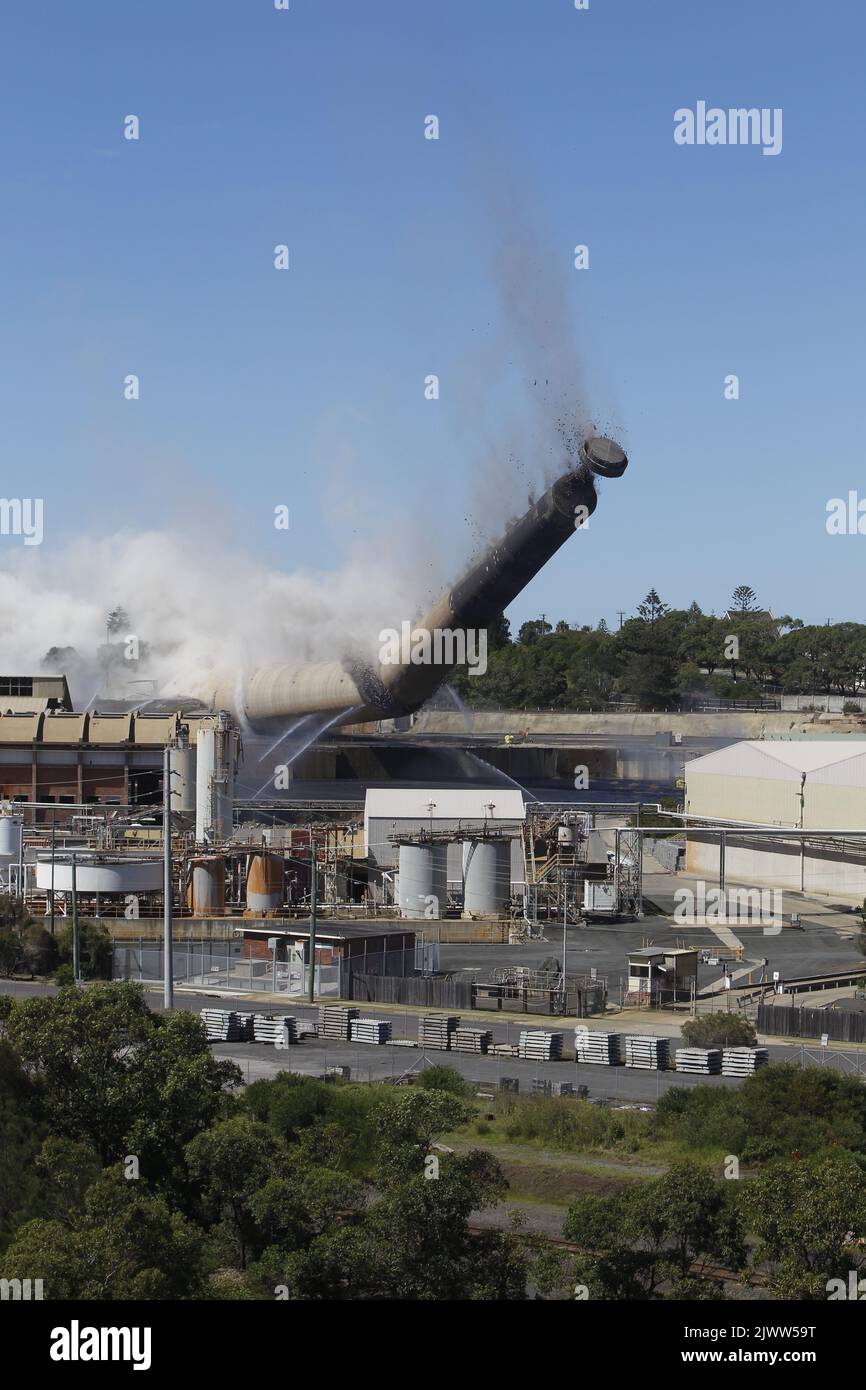 The historic Port Kembla Copper Refinery Stack collapses, Thursday,Feb ...