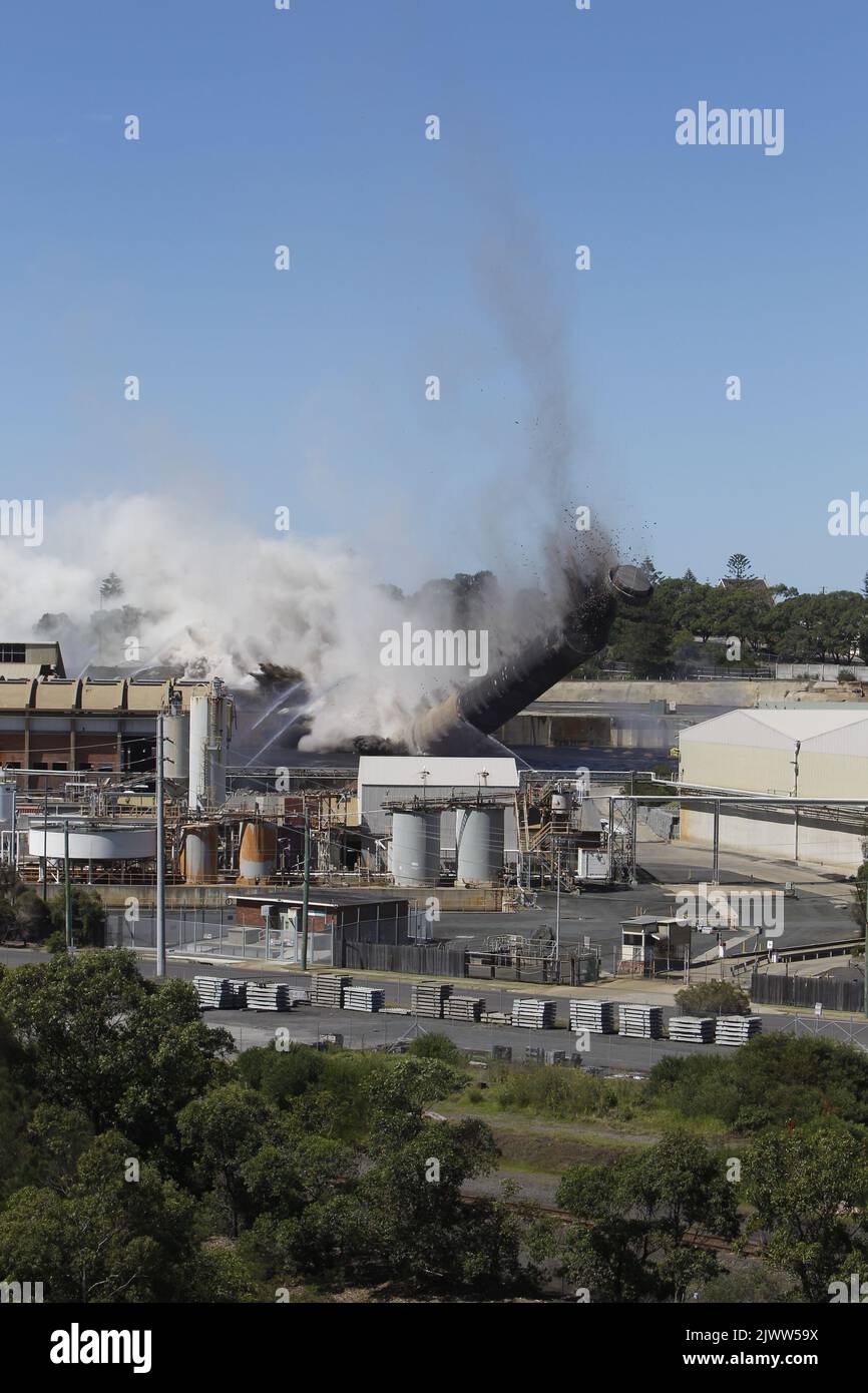 The historic Port Kembla Copper Refinery Stack collapses, Thursday,Feb ...