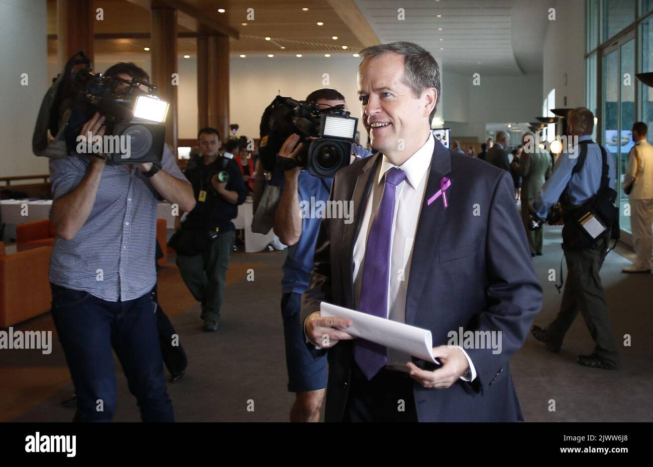 Opposition Leader Bill Shorten arrives for a door stop after the ...