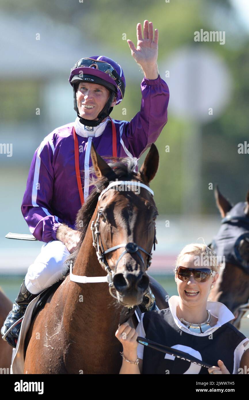 Jockey Glyn Schofield celebrates his win in Race 5, the Chipping Norton ...