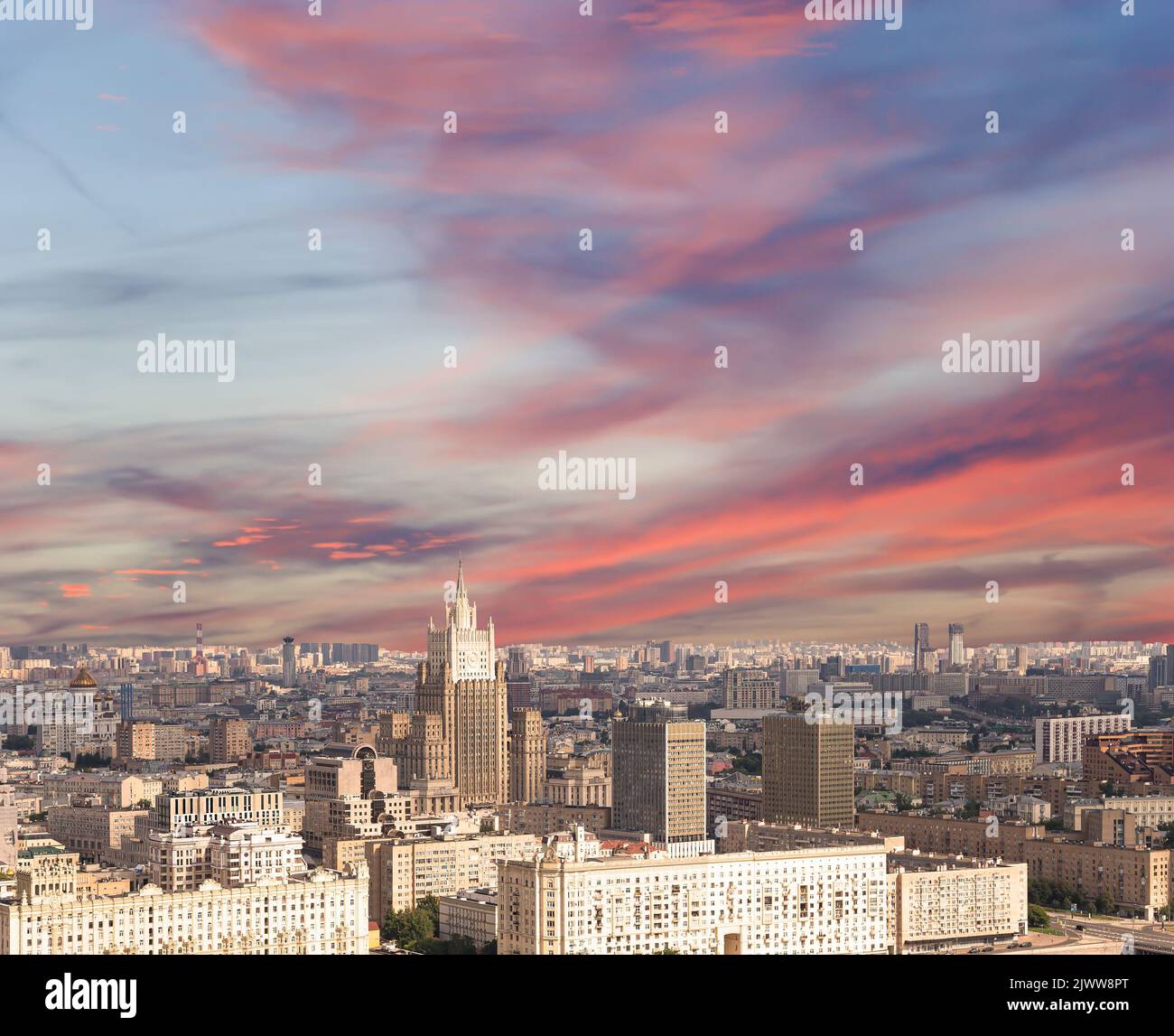 Aerial view of center of Moscow against the background of a romantic ...
