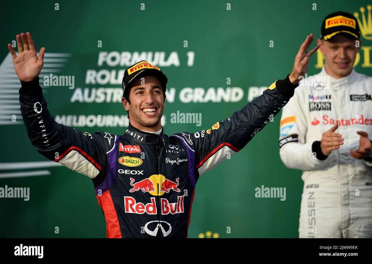 Australian Formula 1 driver Daniel Ricciardo celebrates after finishing ...