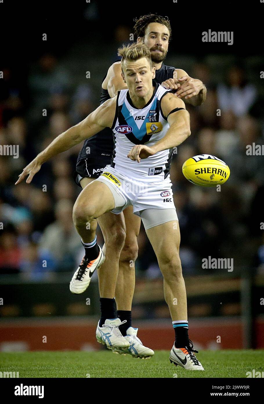 Robbie Gray of Port Adelaide contests in front of Andrew Walker of ...