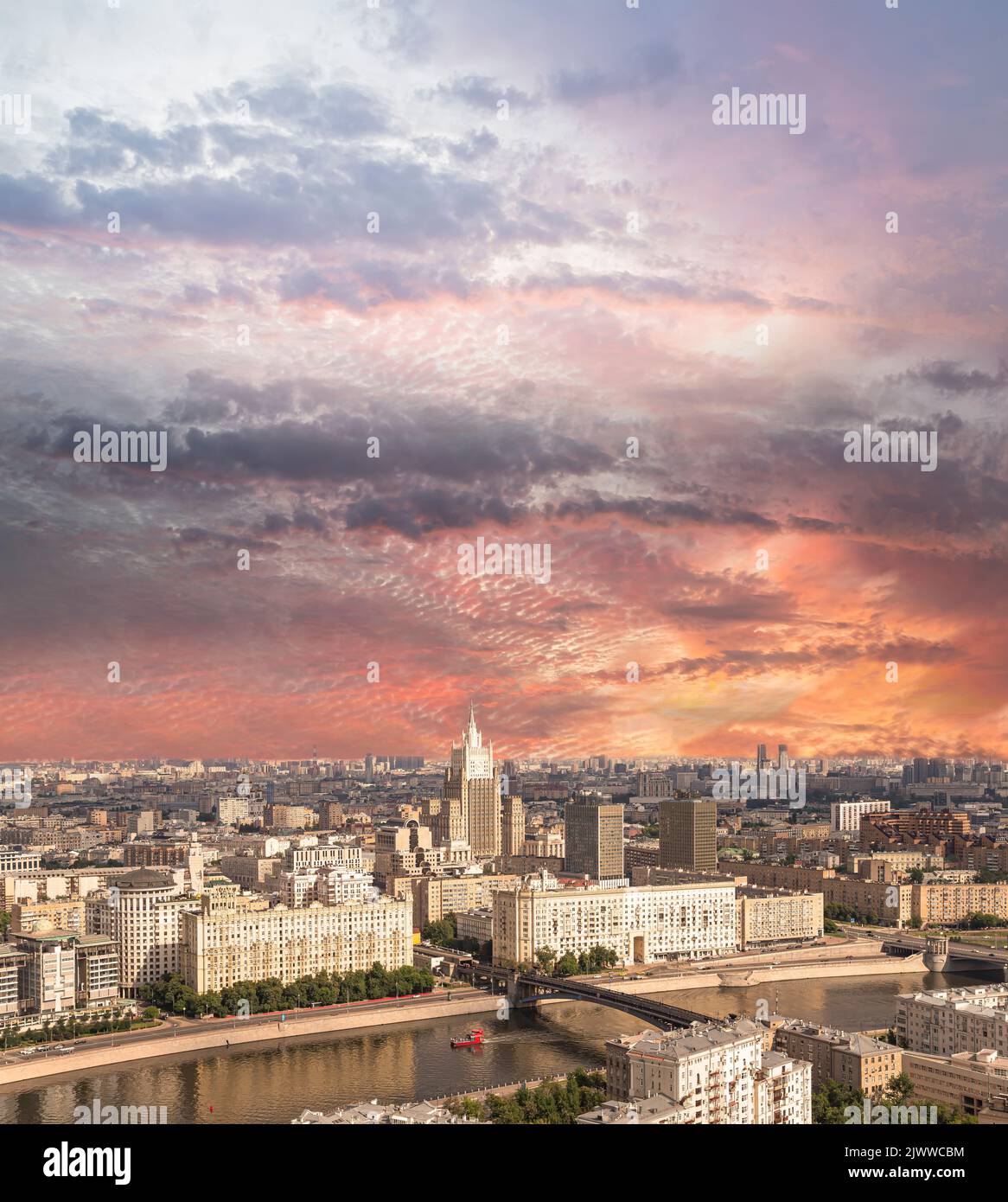 Aerial view of center of Moscow against the background of a romantic ...