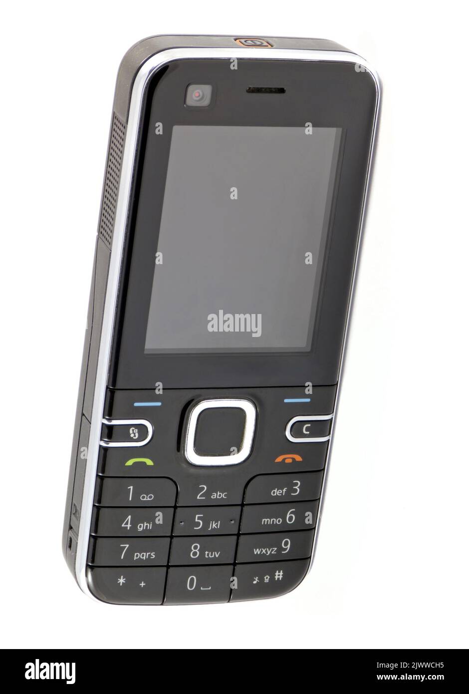 Small black classical unrecognizable logo-free mobile phone on white ...