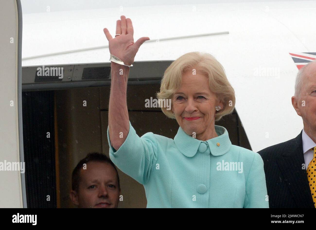 Governor General Dame Quentin Bryce and Michael Bryce wave goodbye as ...