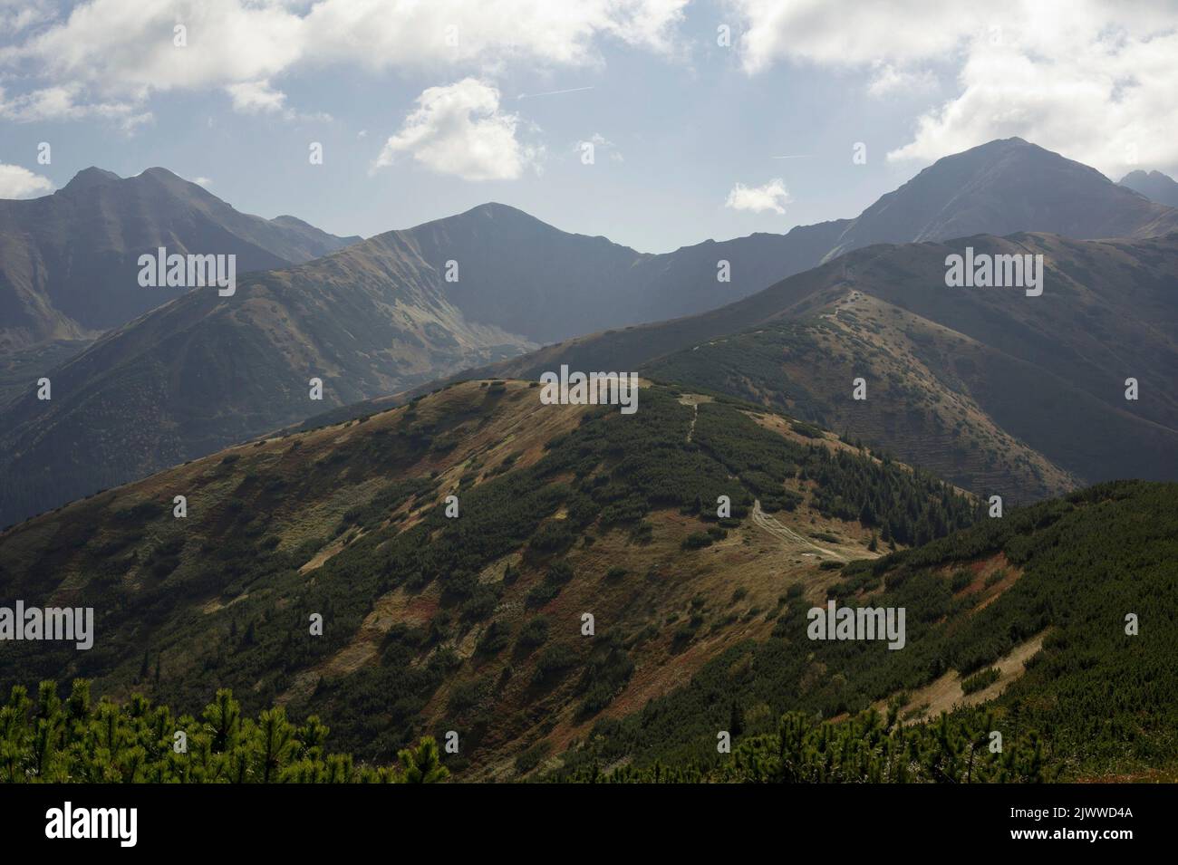 Western Tatras (Rohace) Mountains, view from the peak Lucna in hazy ...