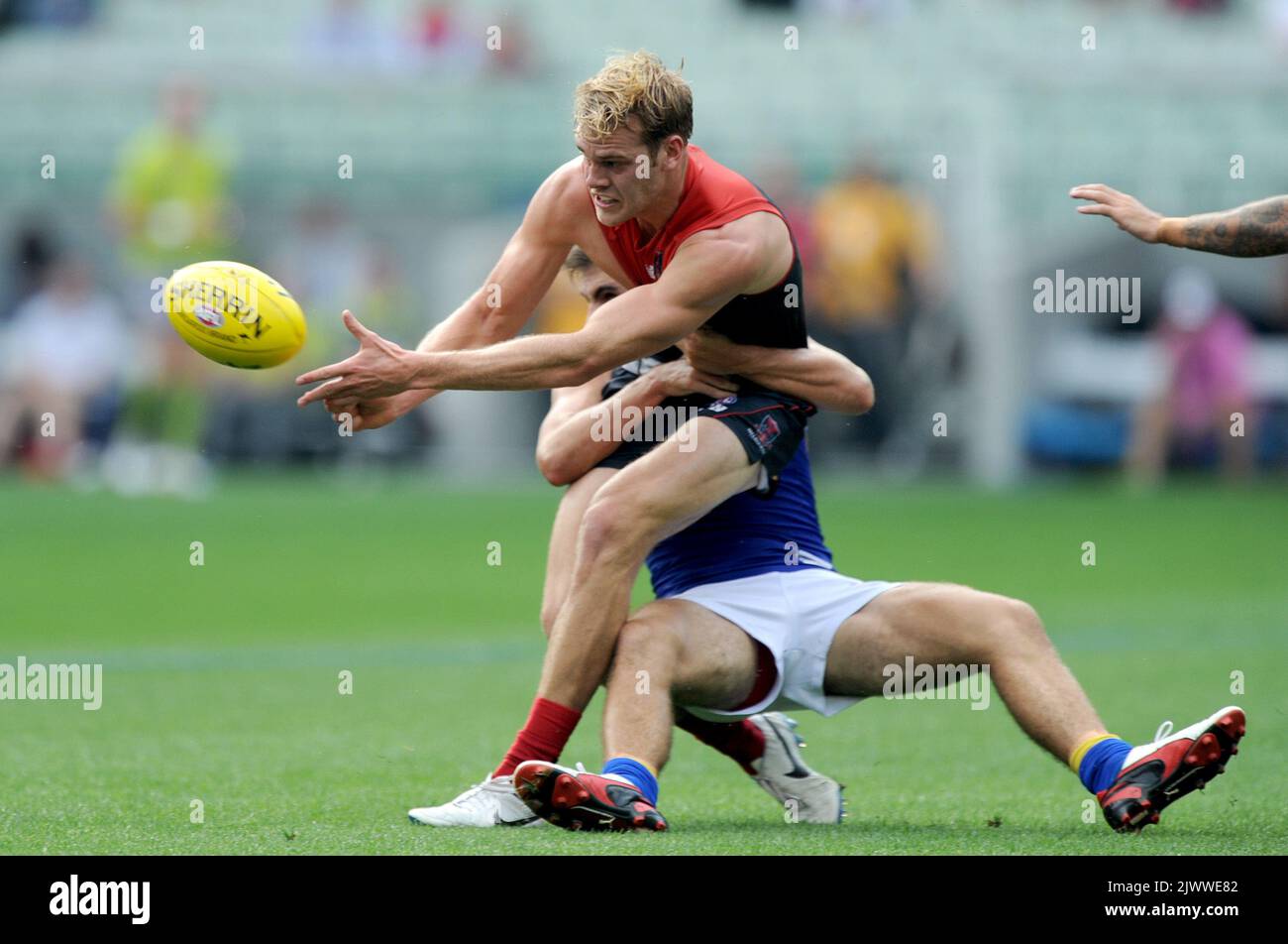 Andrew Gaff of West Coast tackles Jack Watts of Melbourne, during the ...