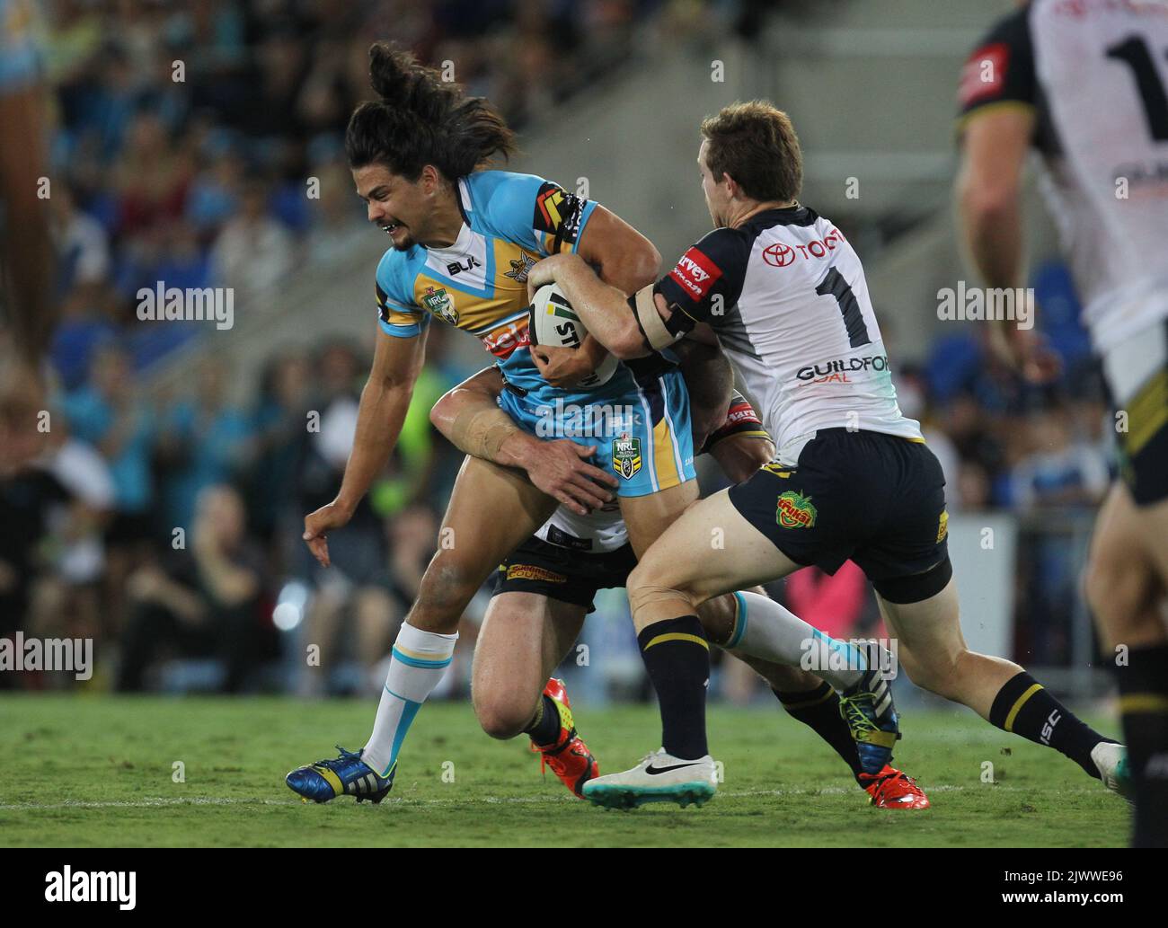 Kevin Gordon stopped with Michael Morgan (1) during the NRL rugby ...