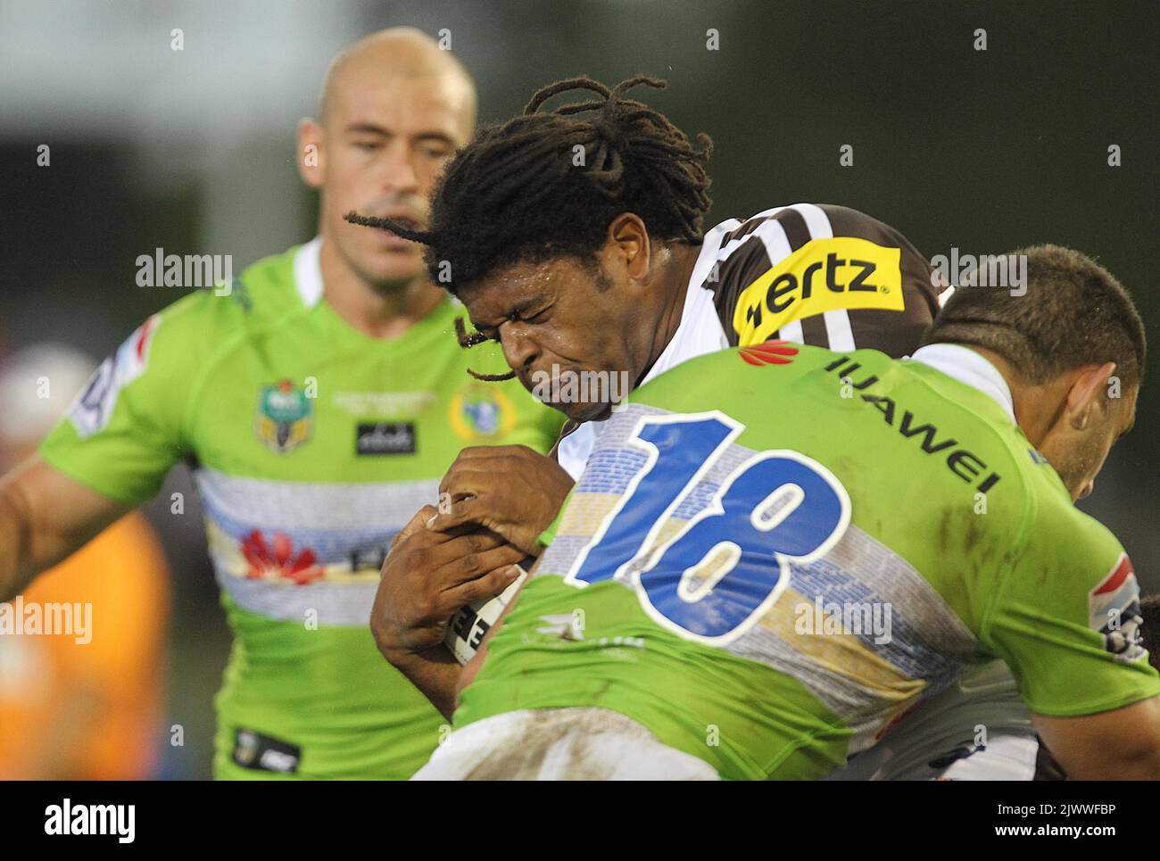 Jamal Idris is stopped by Jake Foster during the round 5 NRL match ...