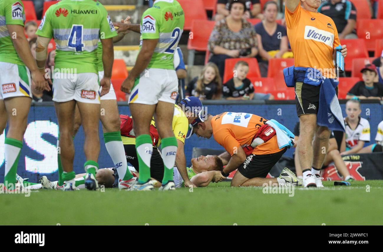 Joel Edwards gets treated on the field during the round 5 NRL match ...