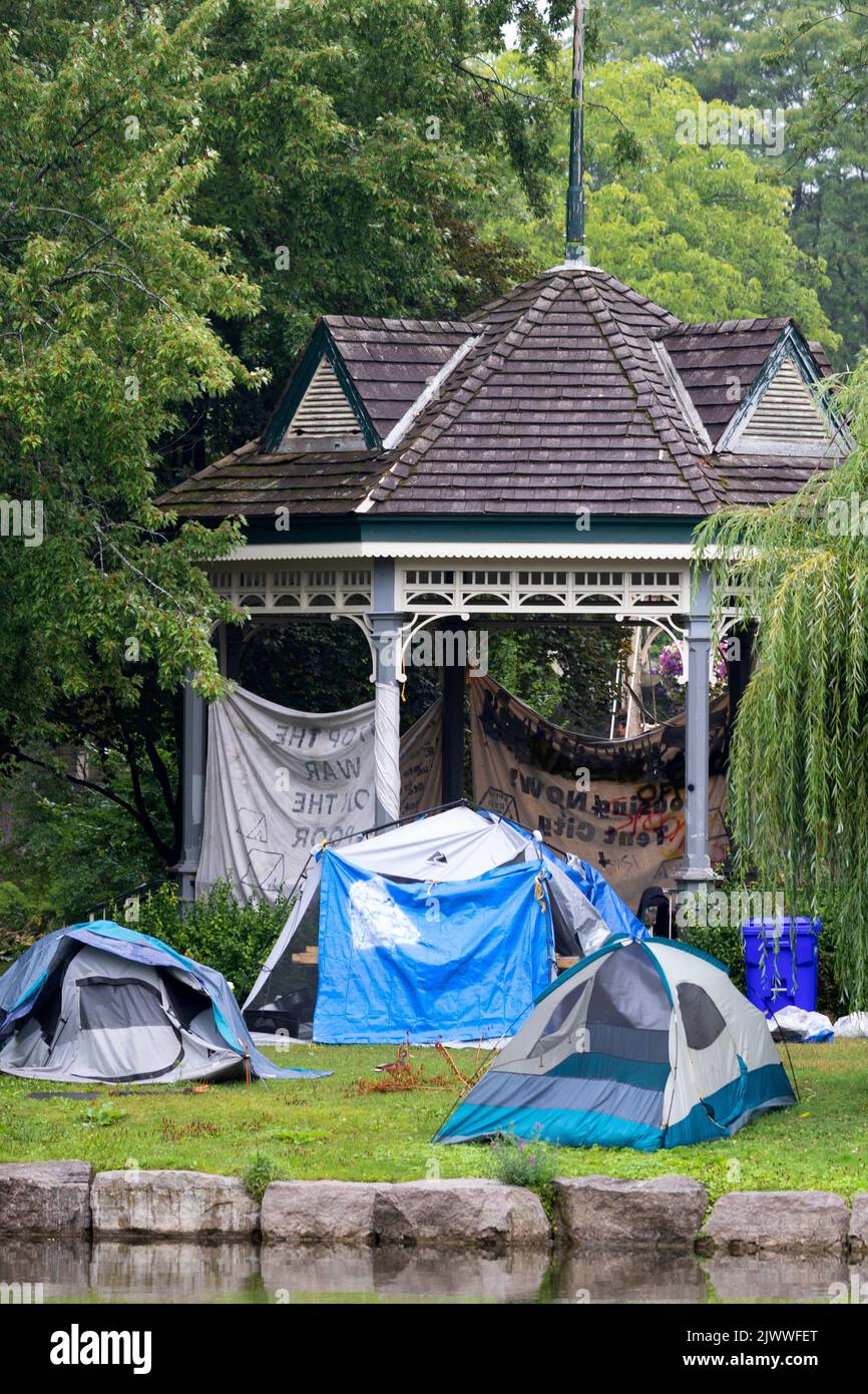 Encampment of homeless people on Roos Island in Victoria Park ...