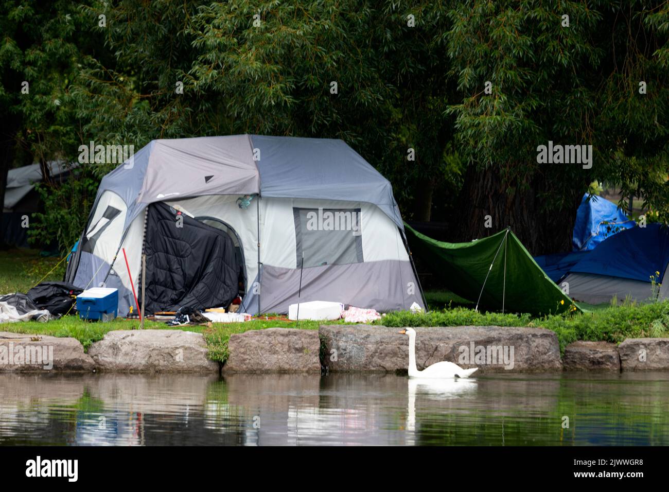 Encampment of homeless people on Roos Island in Victoria Park ...