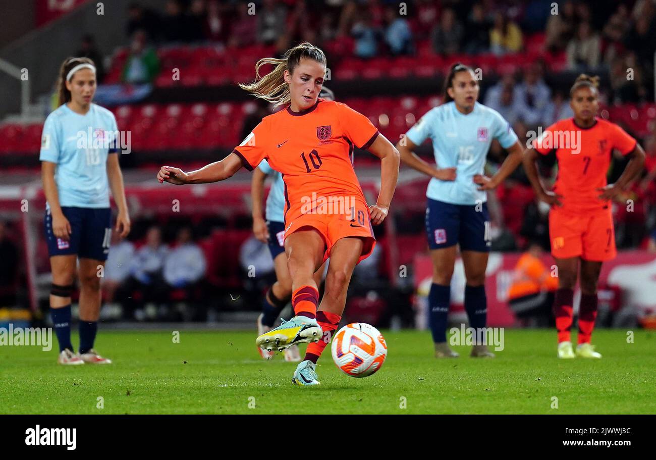 England’s Ella Toone scores their side's eighth goal of the game during ...