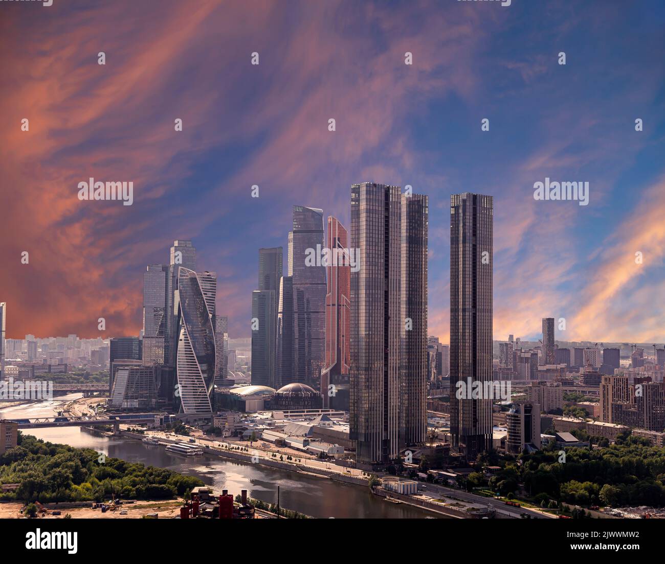 Aerial view of center of Moscow (City) against the background of a ...