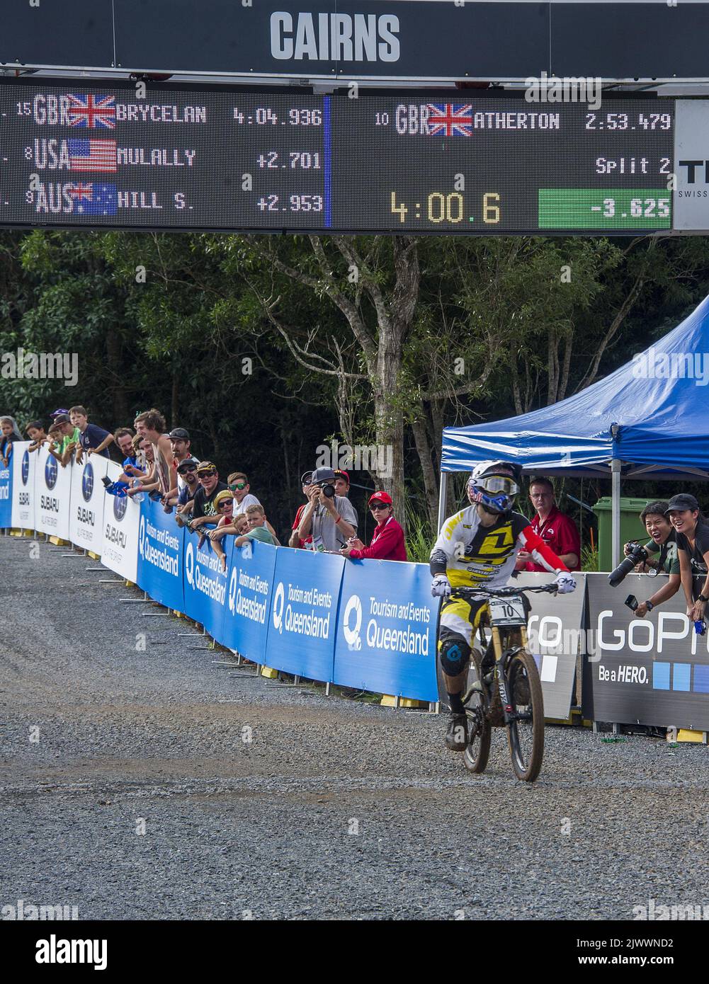 Great Britains Gee Atherton (GT Factory Racing team) crosses the Finish ...