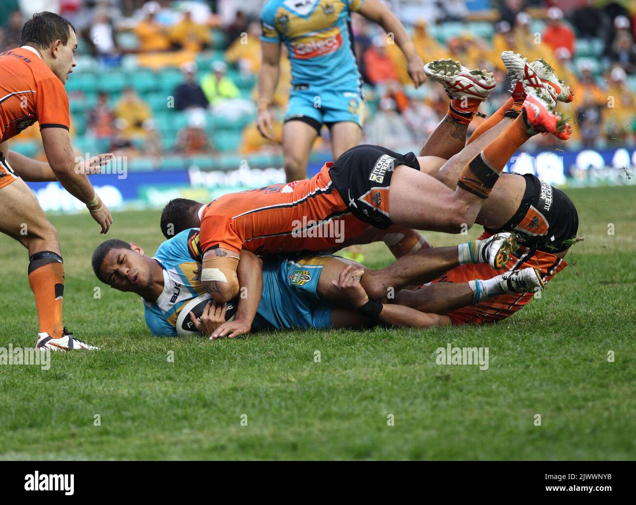 David Mead crunched during NRL Rugby League Telstra Cup Round 8 match ...