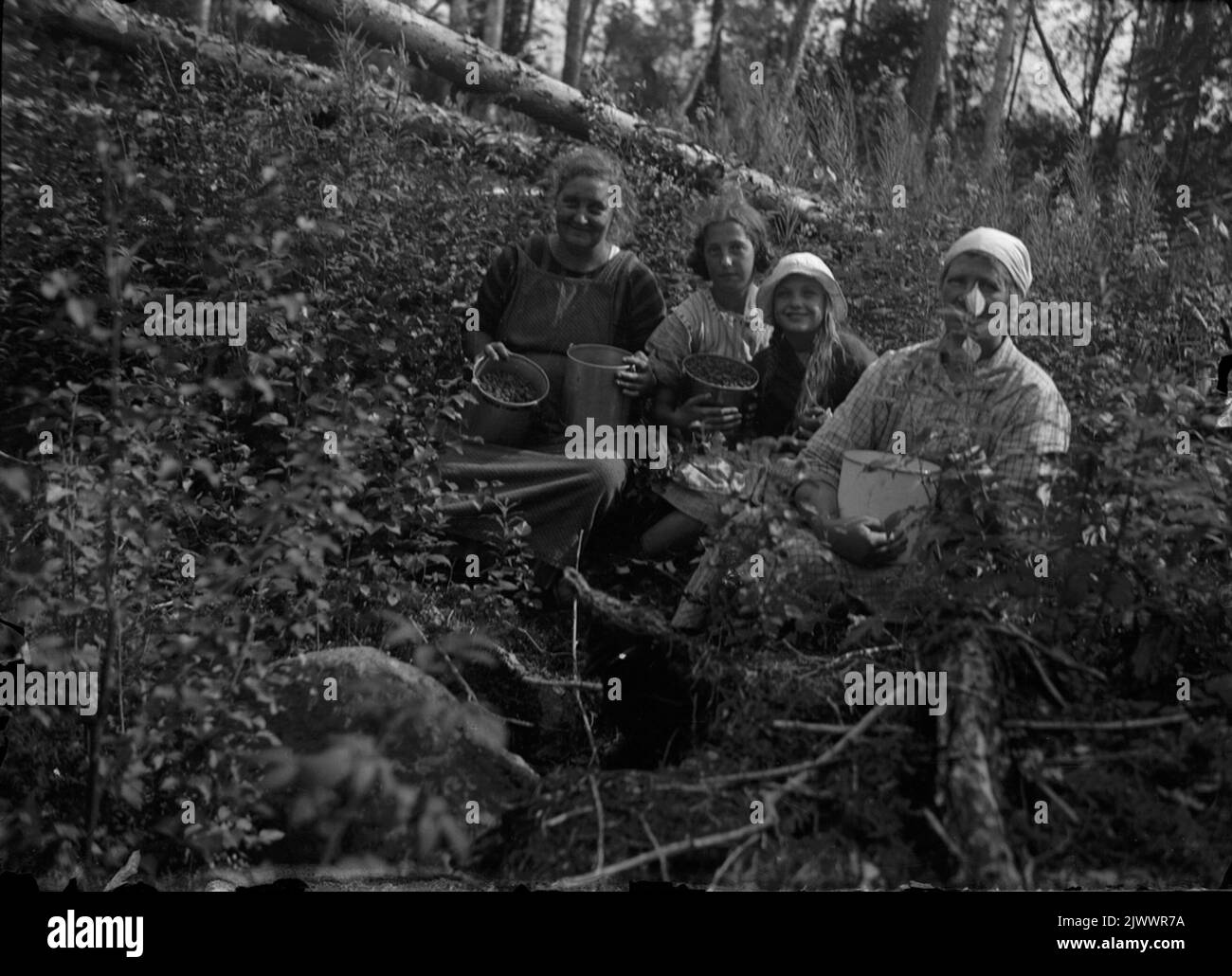 Raspberry picking, right Sonja and Alma Karlman. Hallonplockning, till ...