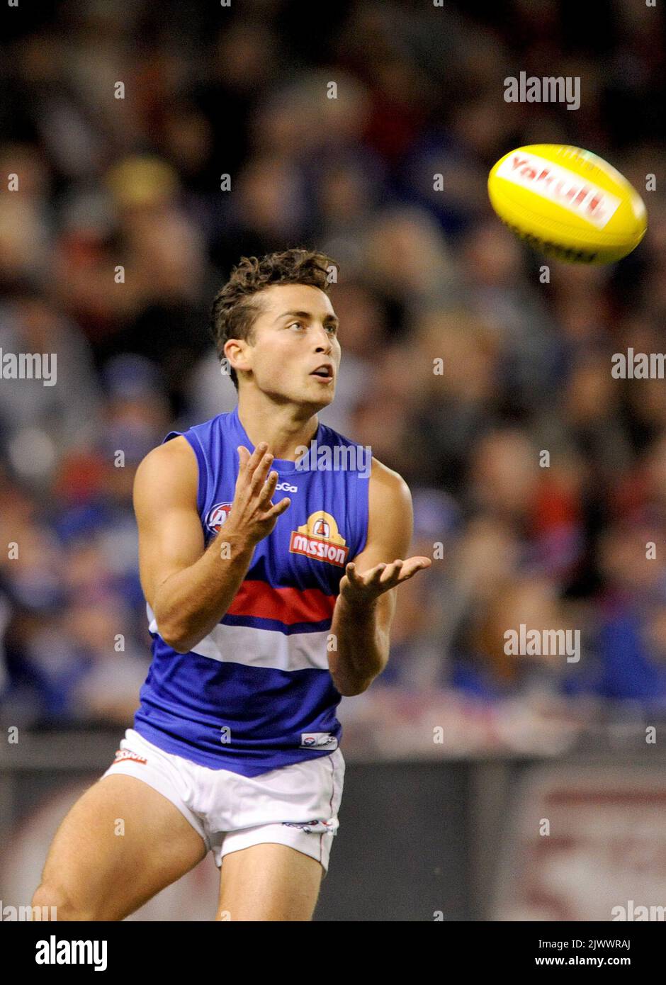 Luke Dahlhaus of the Western Bulldogs takes a mark, during the round 7 ...